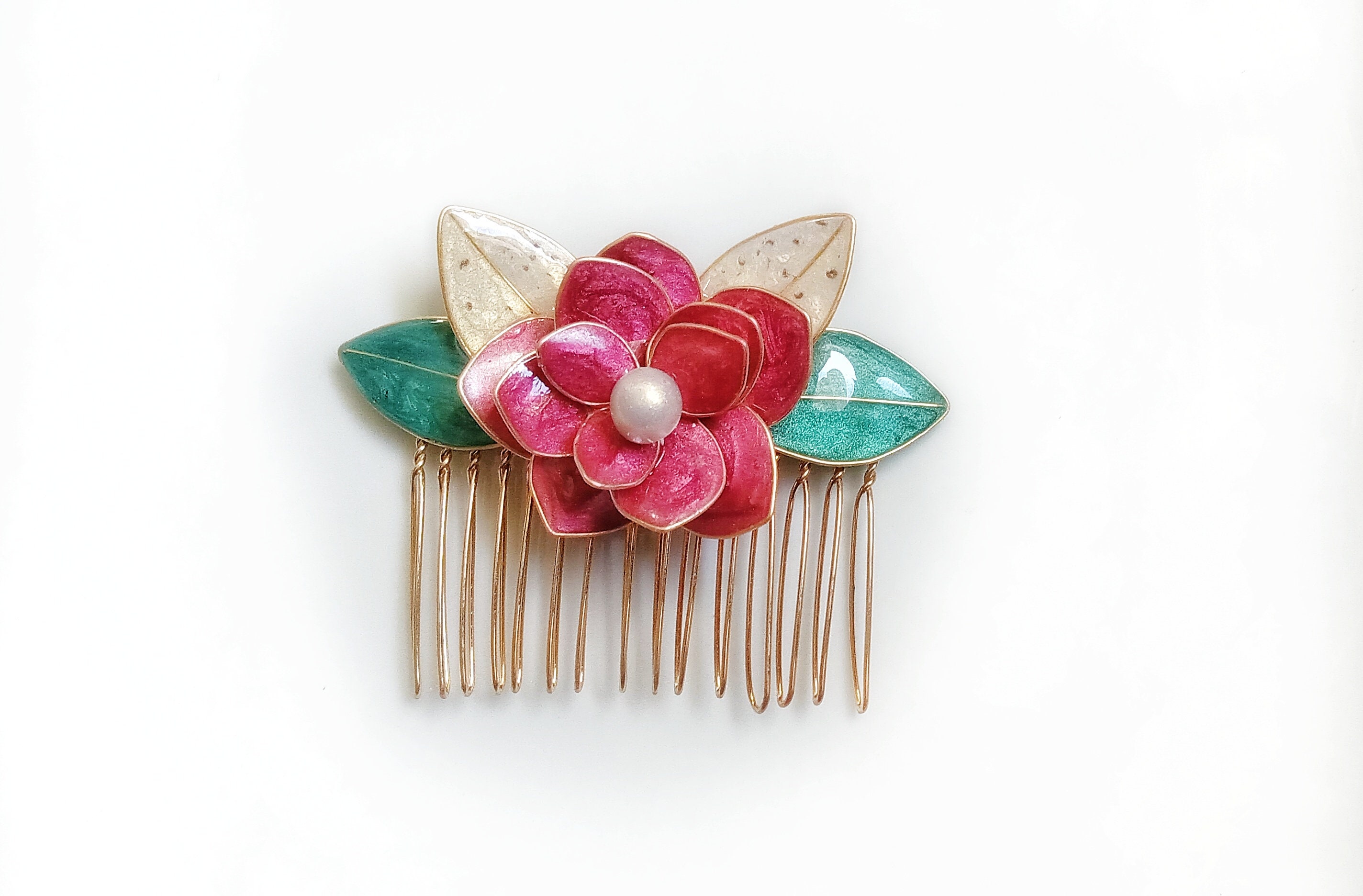 Berry Color Floral Hair Comb, Burgundy Flower Side Comb, Gold Wire ...