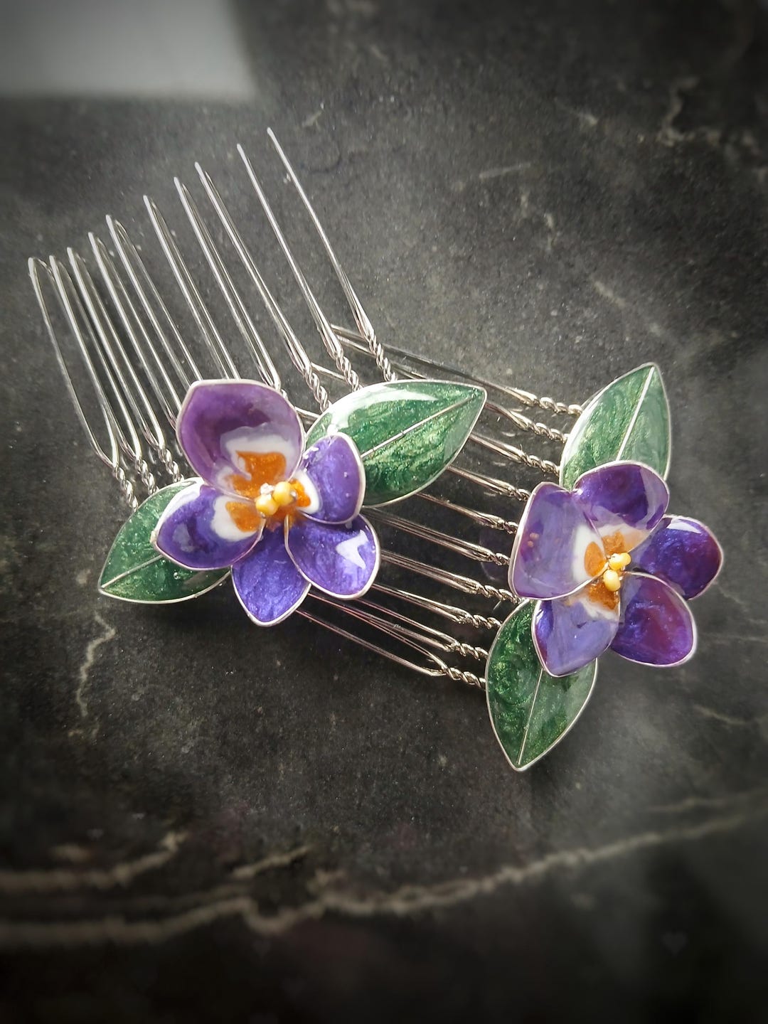 Violet Flower Mini Combs, Set of 2 Silver Wire Hairpins, Iridescent ...