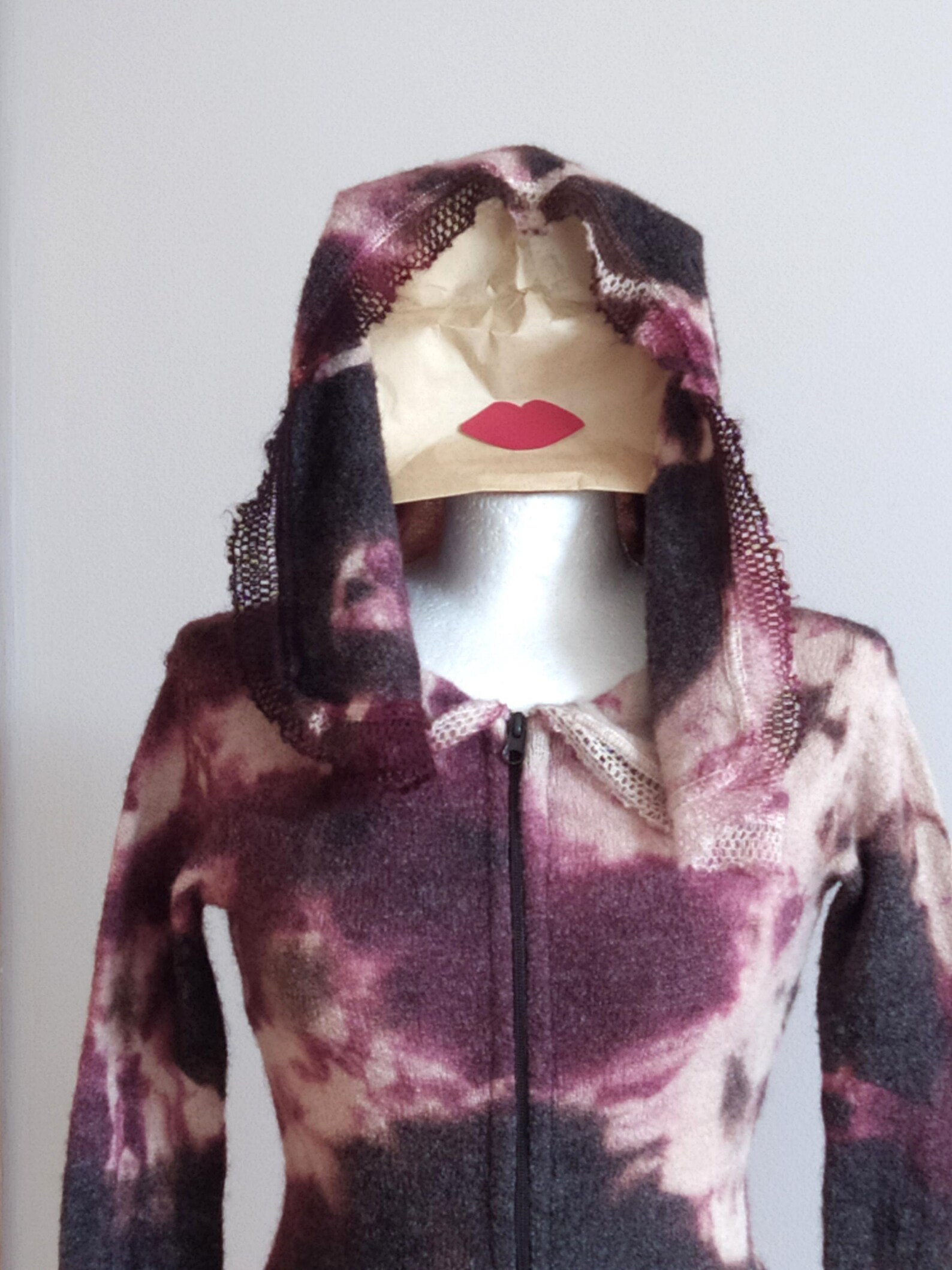 Vintage Tie Dye Burgundy Purple Knit Cardigan Sweater With Large Collar ...