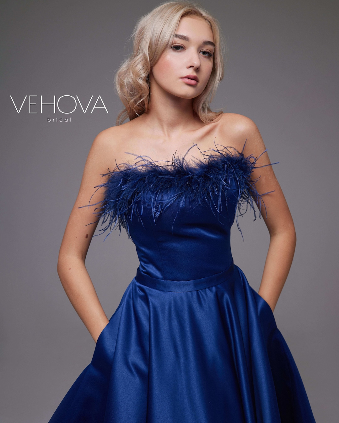 Dark Blue Wedding Dress for Bride, Boho Wedding Dress With Feathers ...