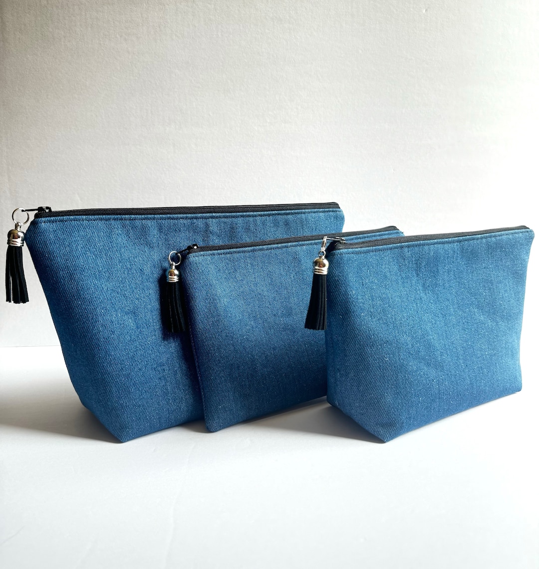 Zippered Blue Denim Makeup Bag With Black Cotton Lining and Tassel ...