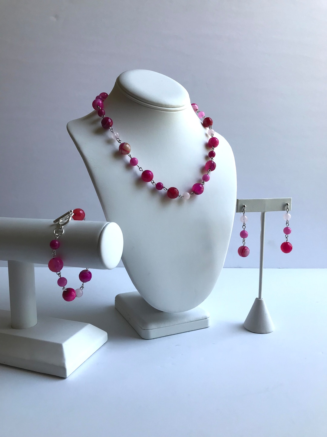 Hot Pink Agate and Jade Jewelry Set; Pink Beaded Necklace, Bracelet and ...