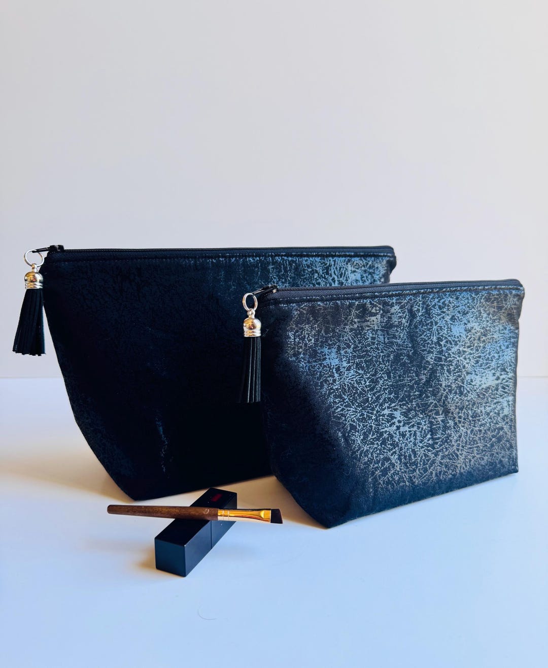Back Crackle Texture Cotton Fabric Makeup Pouch; Black Fully Lined ...