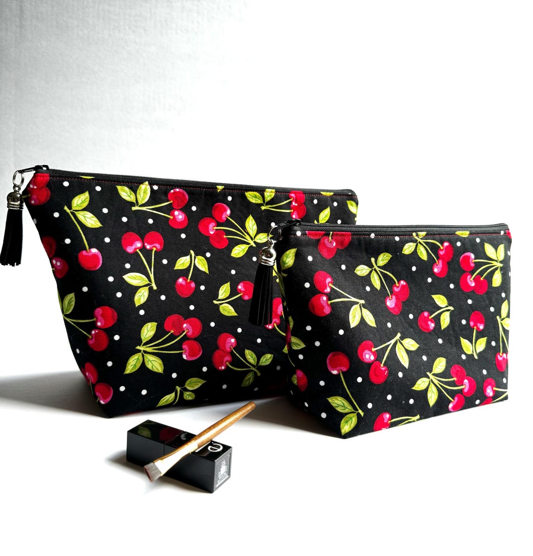 Cherry Print Zippered Makeup Bag With Tassel; Cherry Patterned Cotton ...