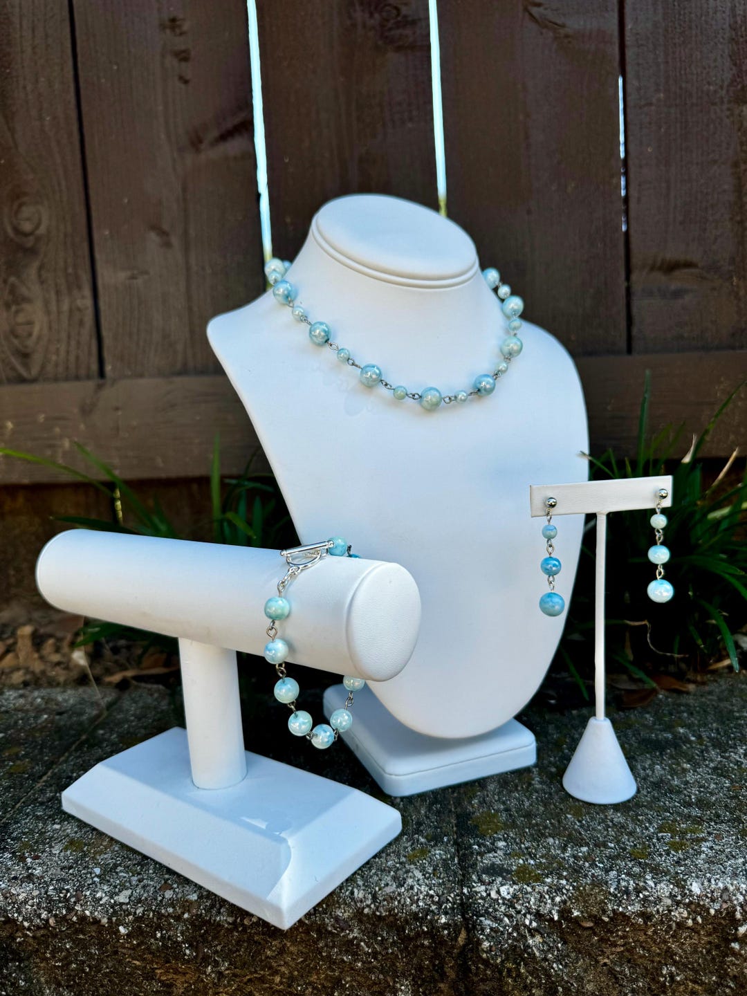 Light Blue Glass Pearl Jewelry Set, Shiny Light Blue Necklace, Earrings ...