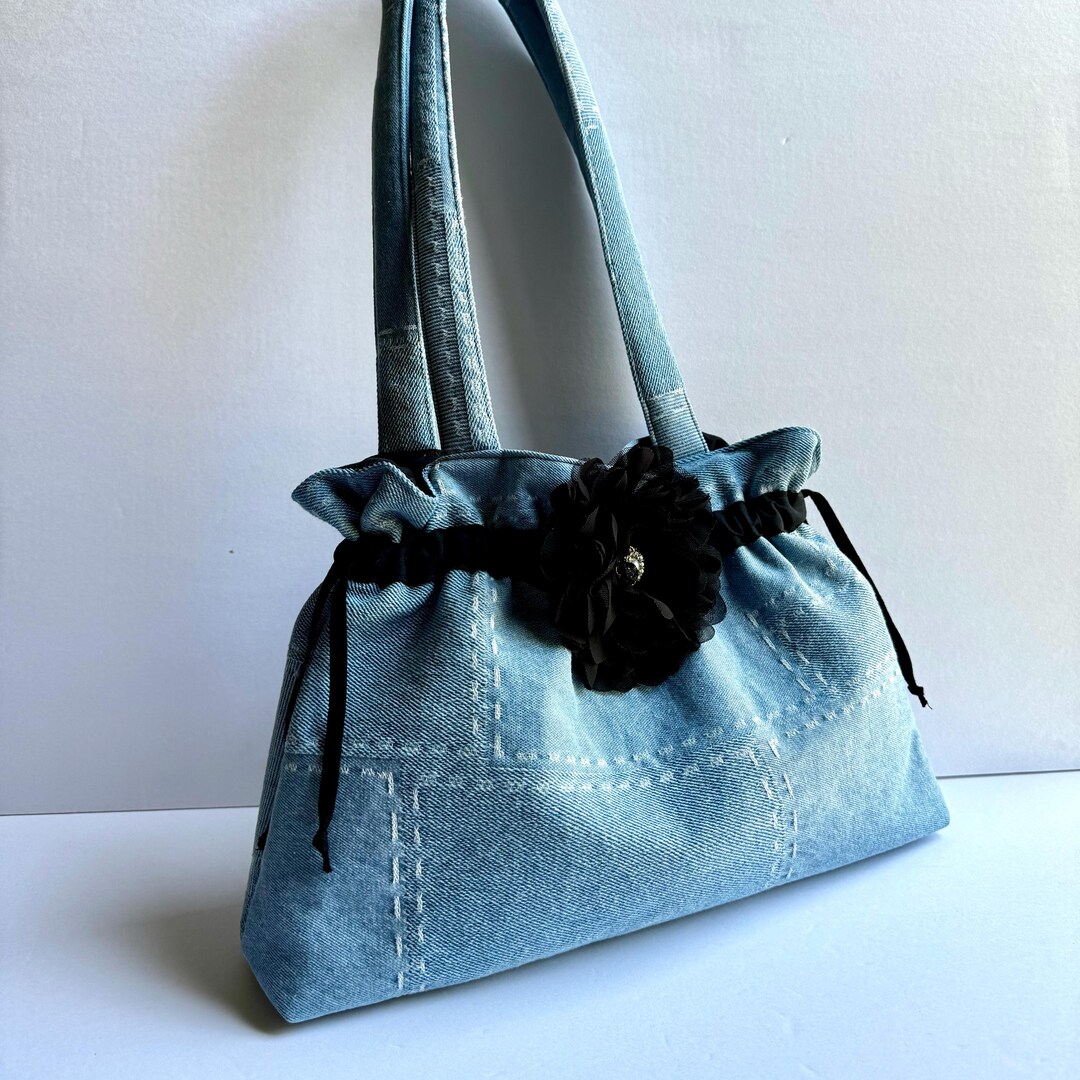 Blue Denim Purse With Large Fabric Flower; Jeans Handbag With White ...