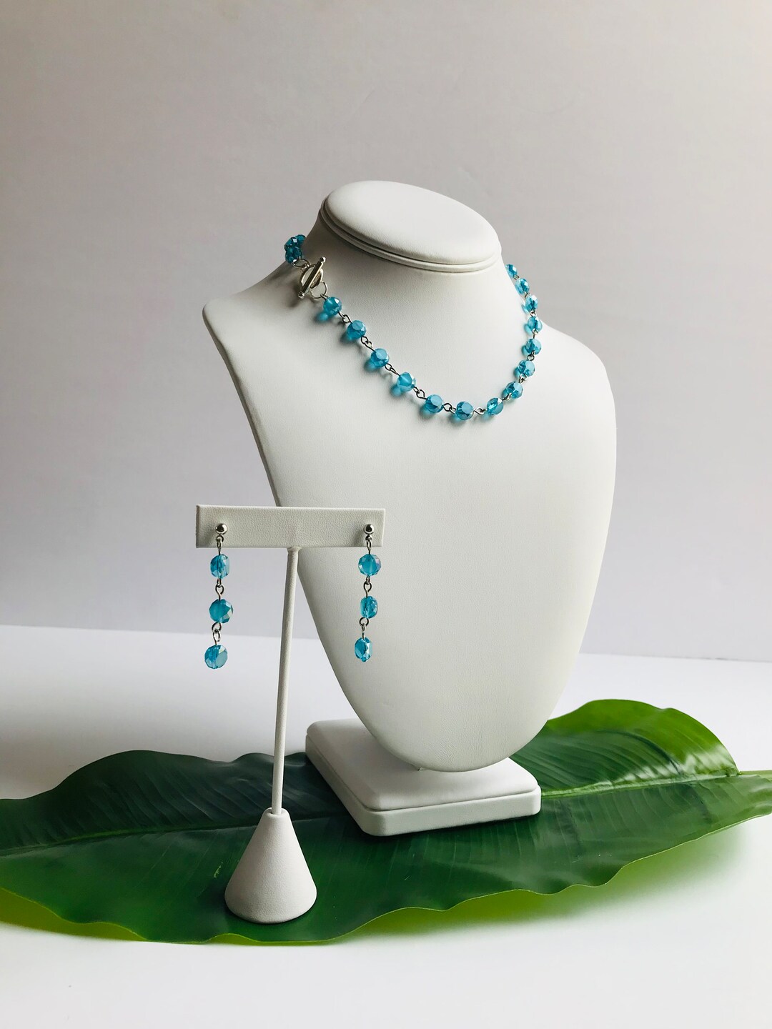 Light Blue, Shiny, Glass Beaded Jewelry Set; Light Blue 16 Inch Glass ...