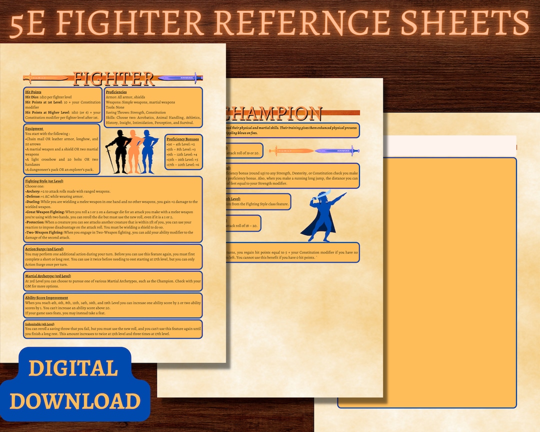D&D 5e Fighter Class Reference Sheet Dungeons and Dragons Fifth Edition ...