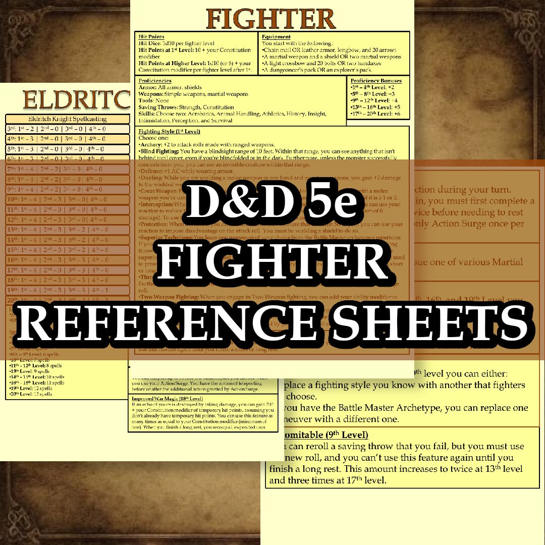 D&D 5e Fighter Class Reference Sheet Dungeons and Dragons - Etsy
