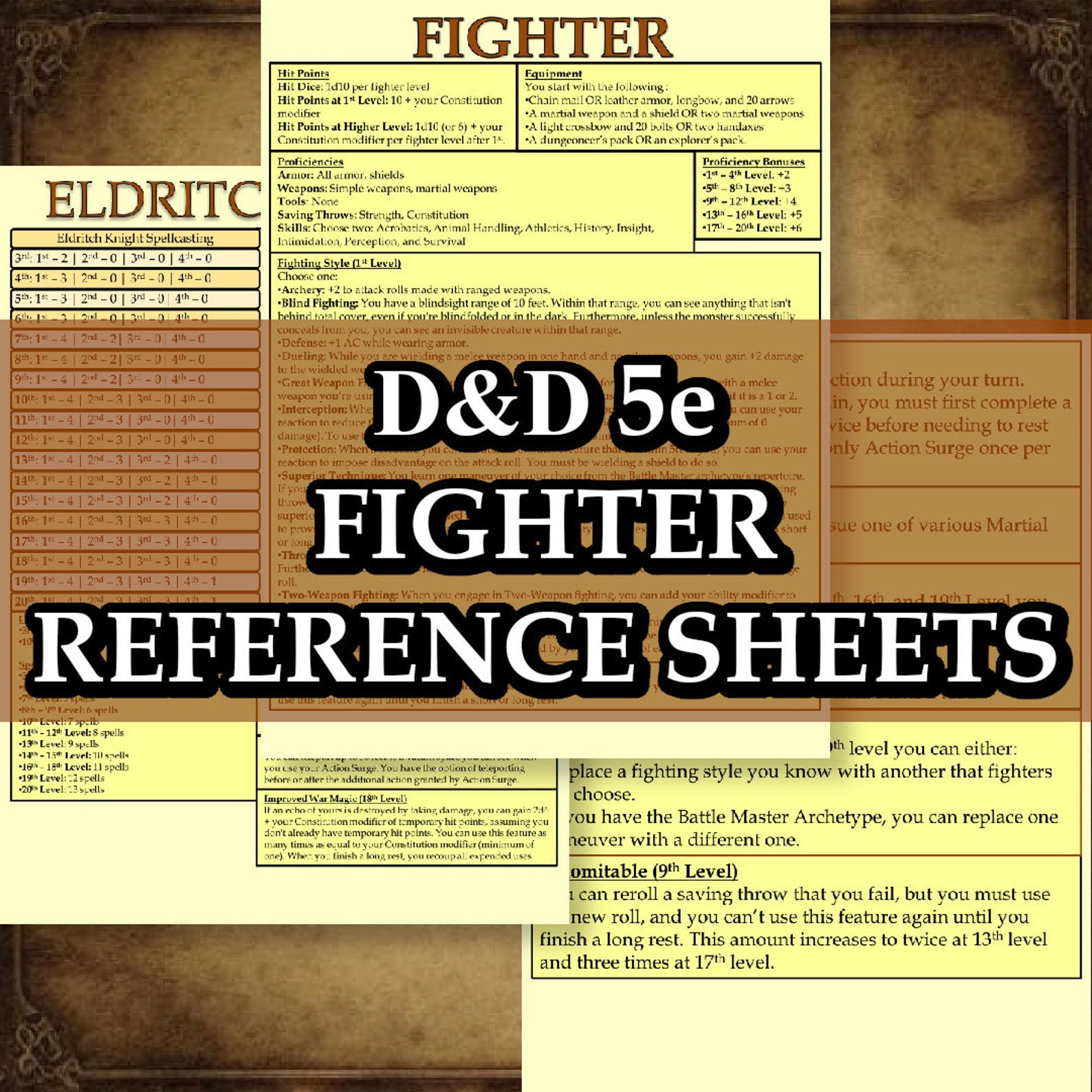 D&D 5e Fighter Class Reference Sheet Dungeons and Dragons - Etsy