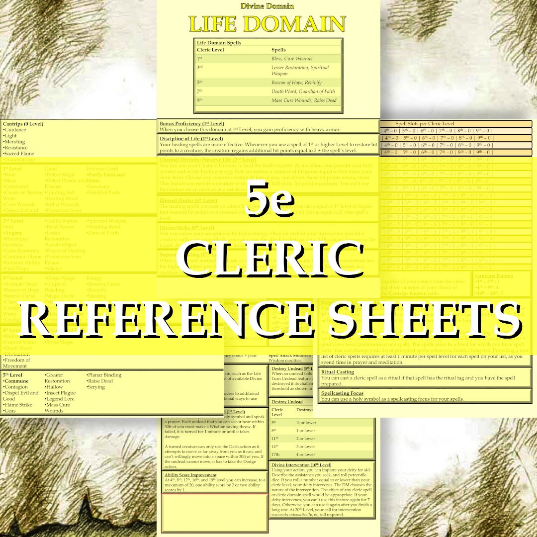 Dnd 5e Cleric Class Reference Sheet Dungeons and Dragons Fifth Edition ...