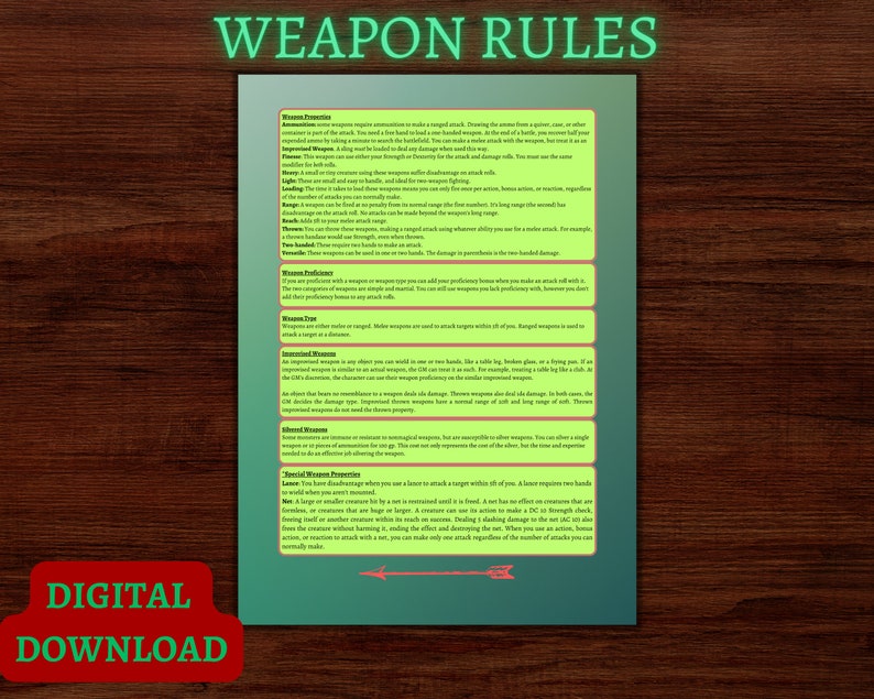 Dnd 5e Printable Weapon Reference Sheets || Dnd 5th Edition Printable ...