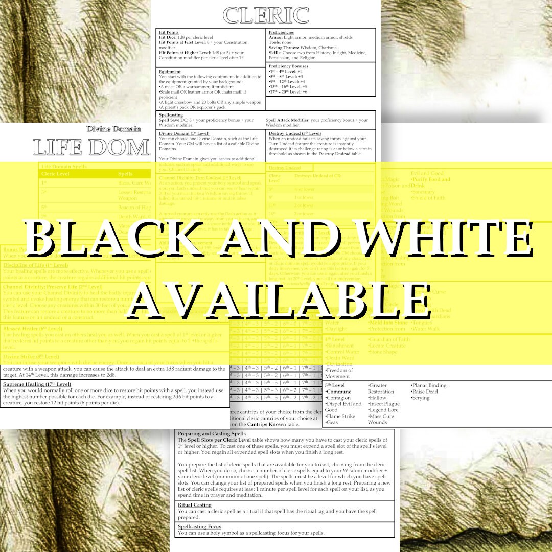 Dnd 5e Cleric Class Reference Sheet Dungeons and Dragons Fifth Edition ...