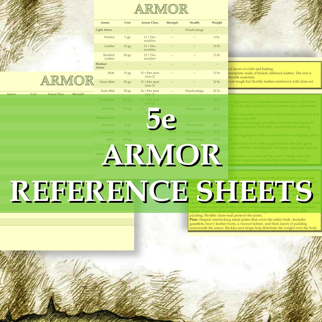 Dnd 5e Armor Shop Equipment Reference Sheets Dungeons and - Etsy