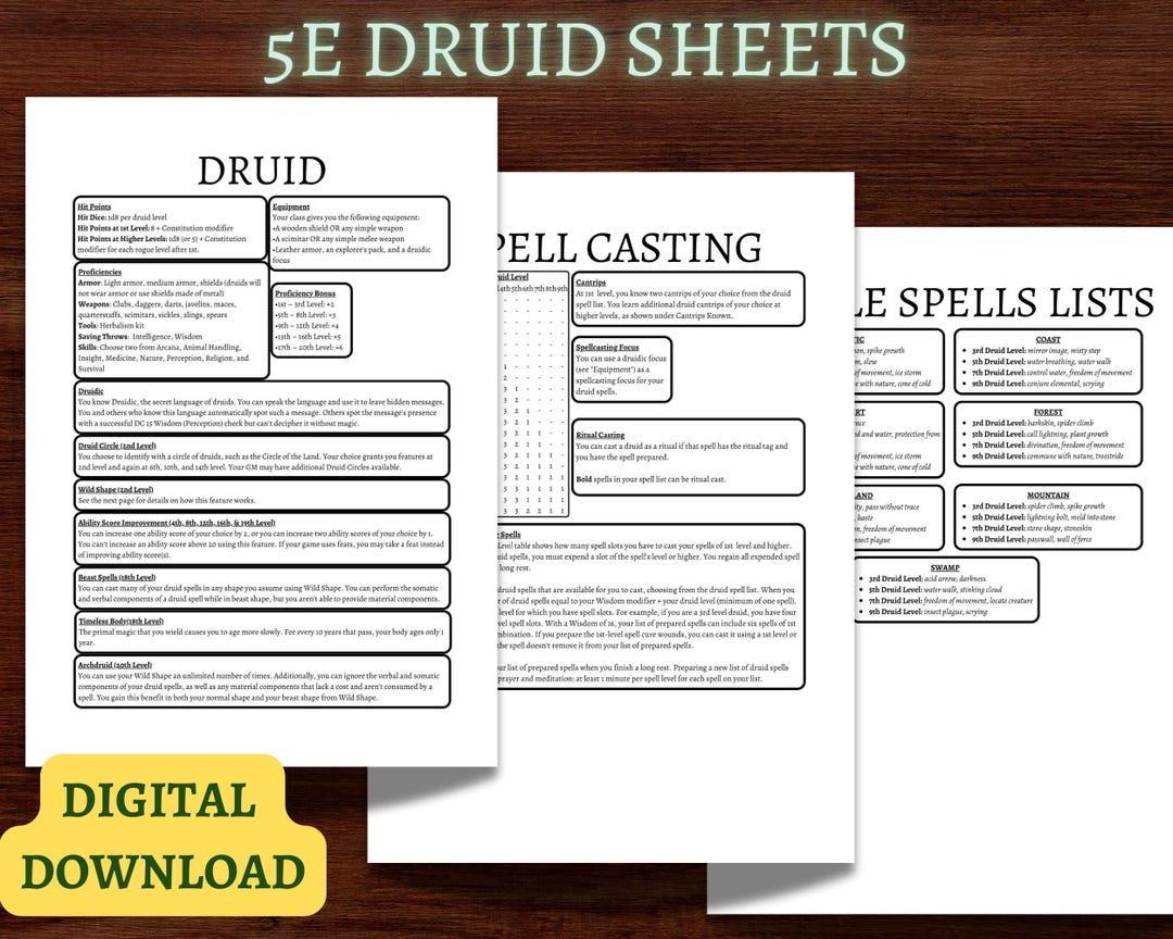 5e Druid Class Reference Sheets || Class Reference Sheet || Black and ...