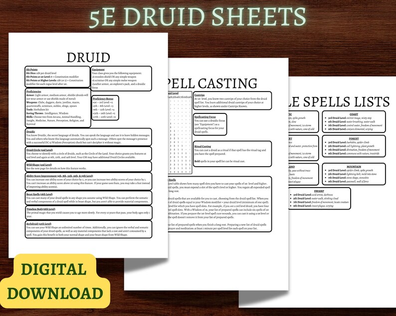 D&D 5e Druid Class Reference Sheets Black and White Dungeons and ...