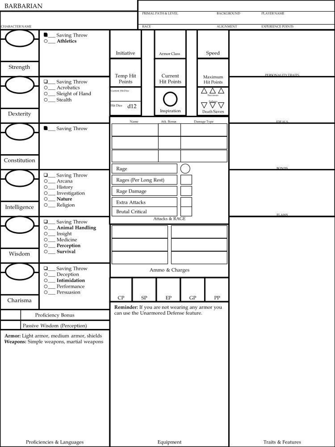 Dnd 5e Barbarian Class Character Sheet Fifth Edition D&D - Etsy