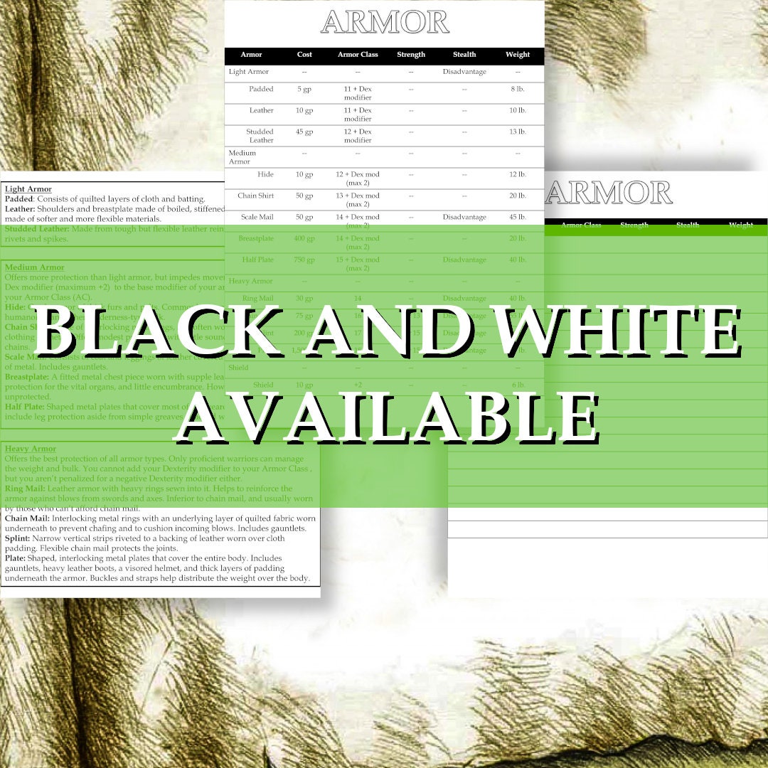 Dnd 5e Armor Shop Equipment Reference Sheets Dungeons and - Etsy