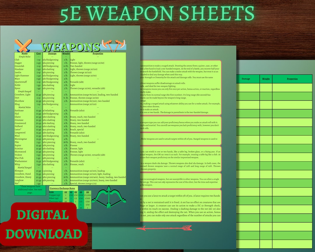 Dnd 5e Printable Weapon Reference Sheets || Dnd 5th Edition Printable ...