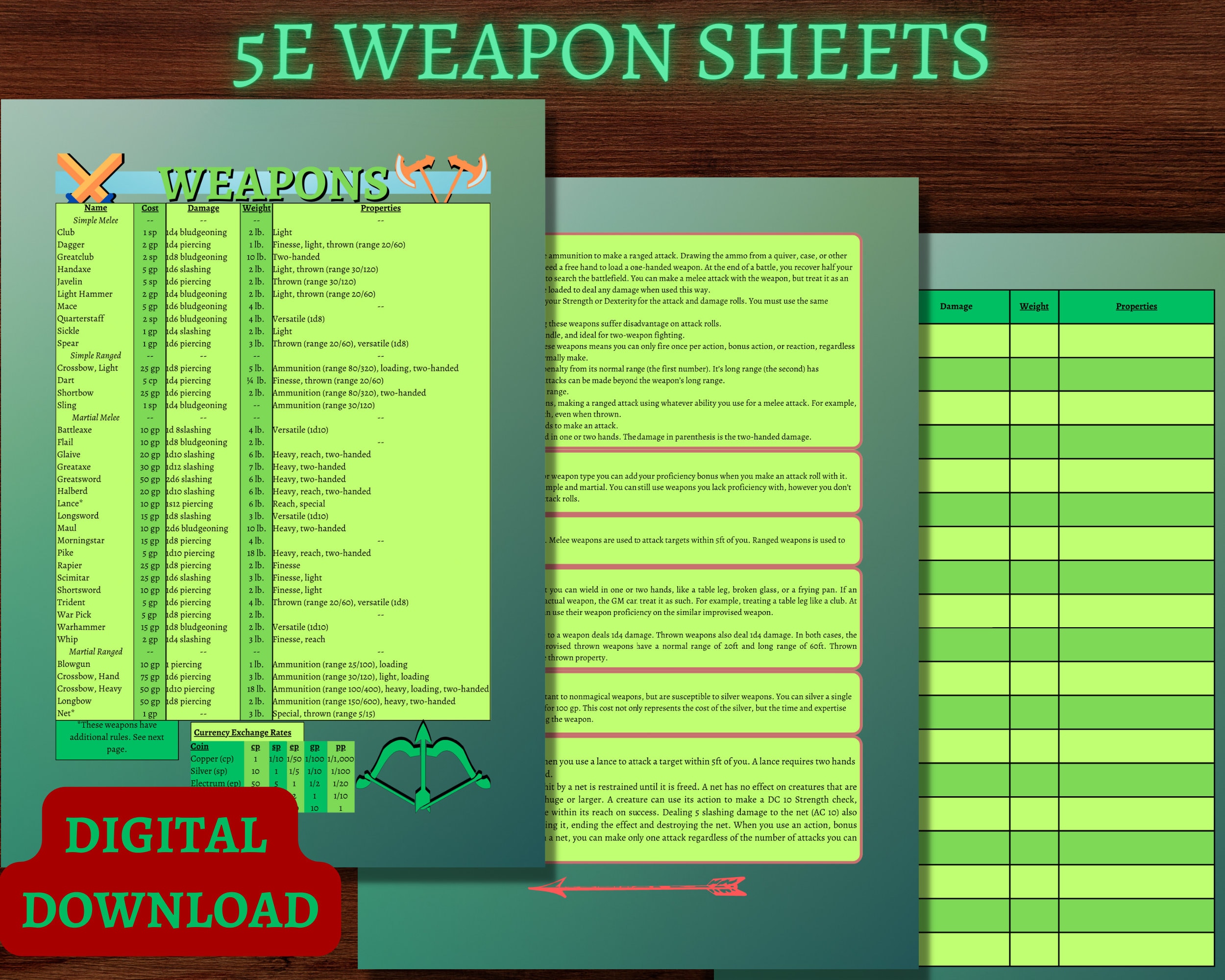 Buy Dnd 5e Printable Weapon Reference Sheets || Dnd 5th Edition ...