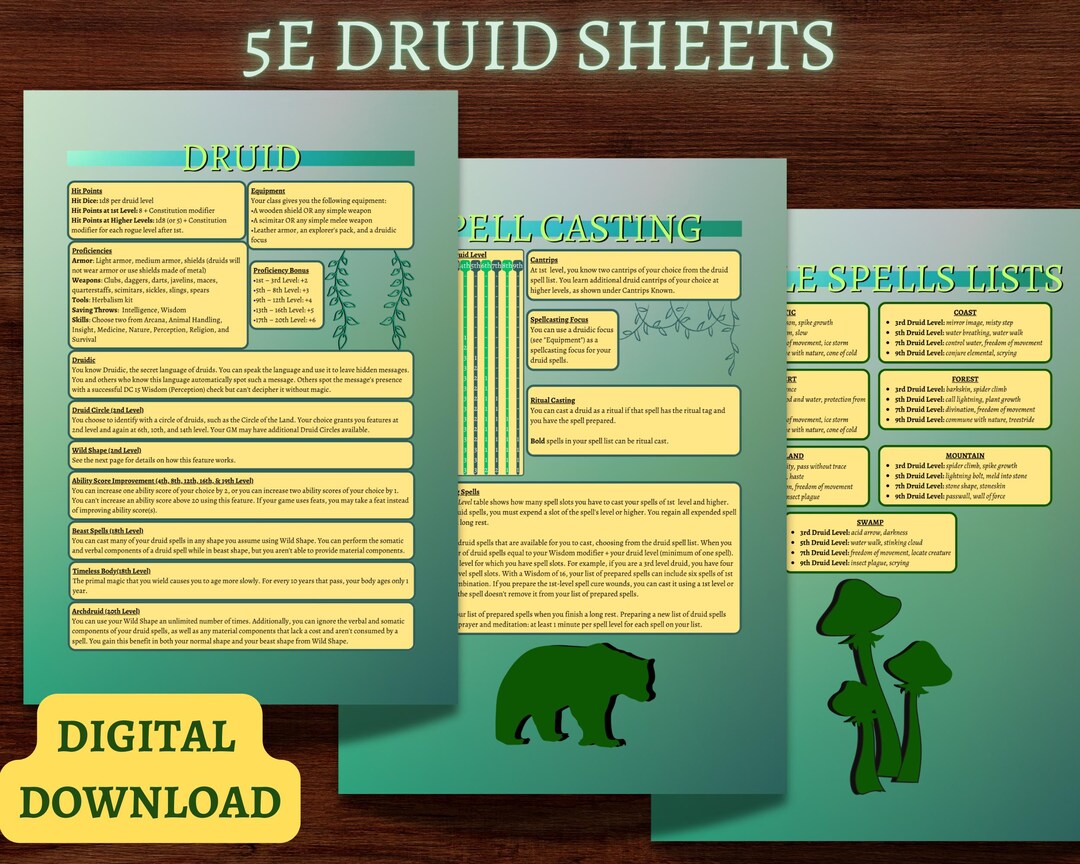 5e Druid Class Reference Sheet|| Fifth Edition TTRPG || Druid Character ...