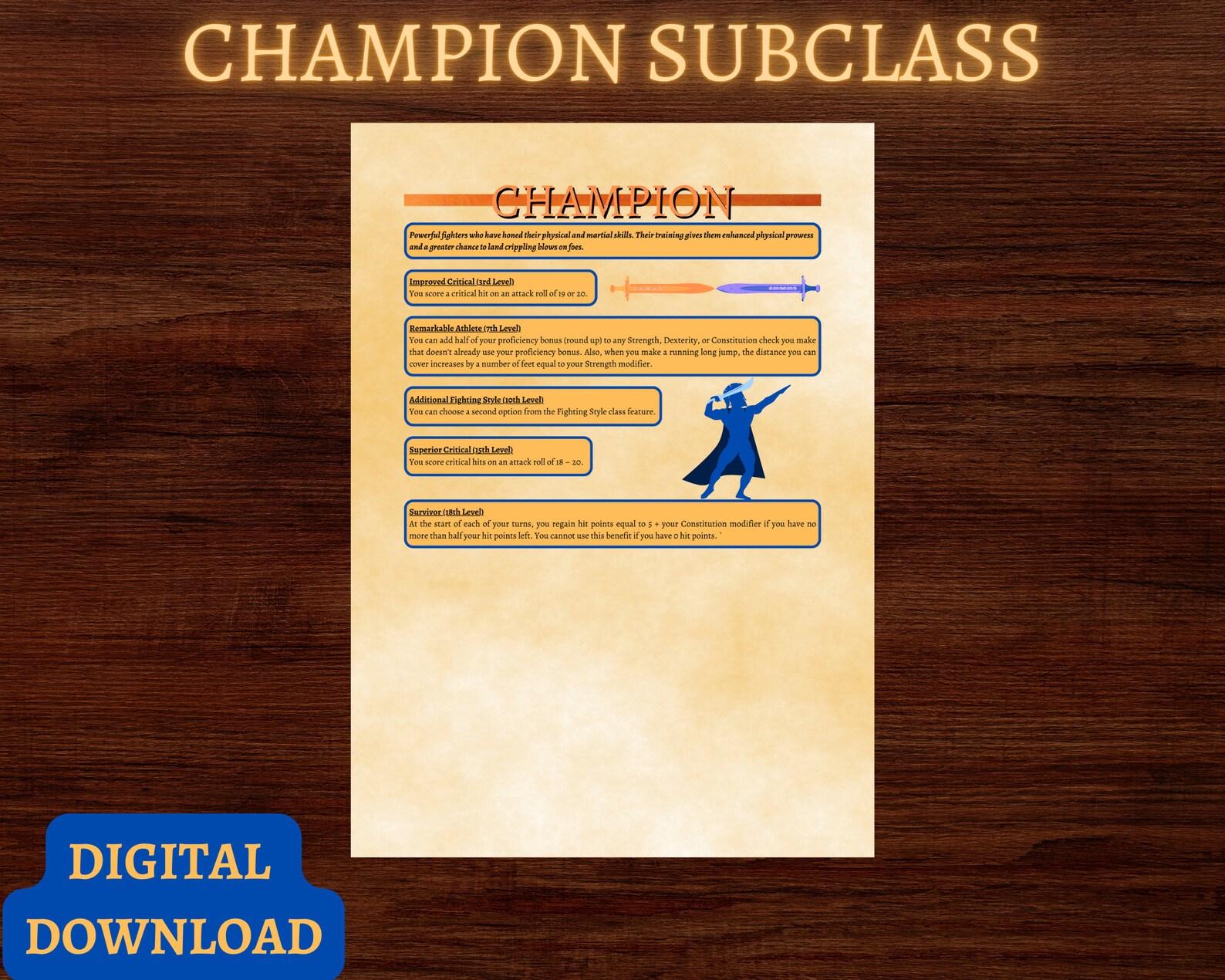 D&D 5e Fighter Class Reference Sheet Dungeons and Dragons Fifth Edition ...