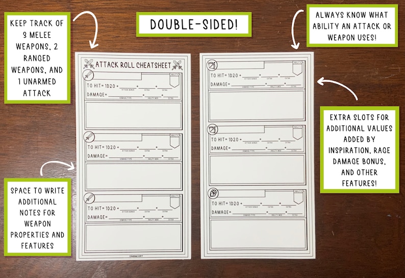 Blank Illustrated Melee Attack Roll Cheatsheet - Etsy
