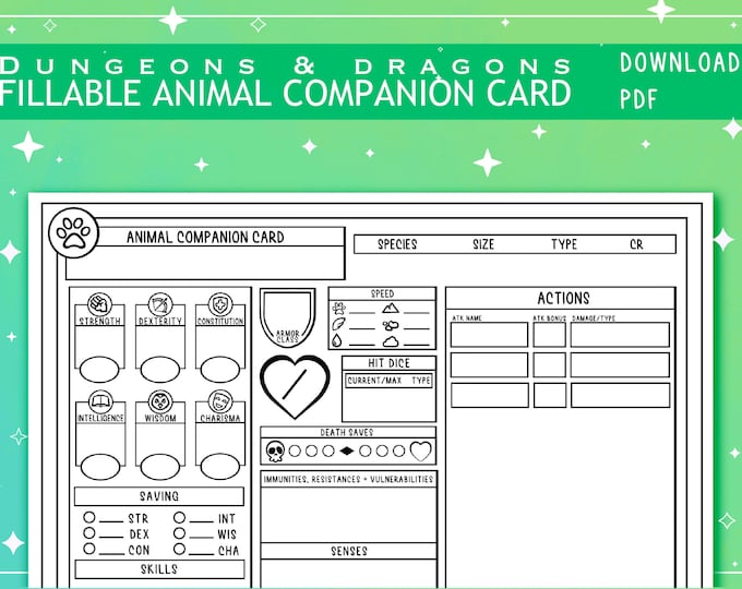 D&D Animal Companion Character Sheet PDF DOWNLOAD Fillable - Etsy