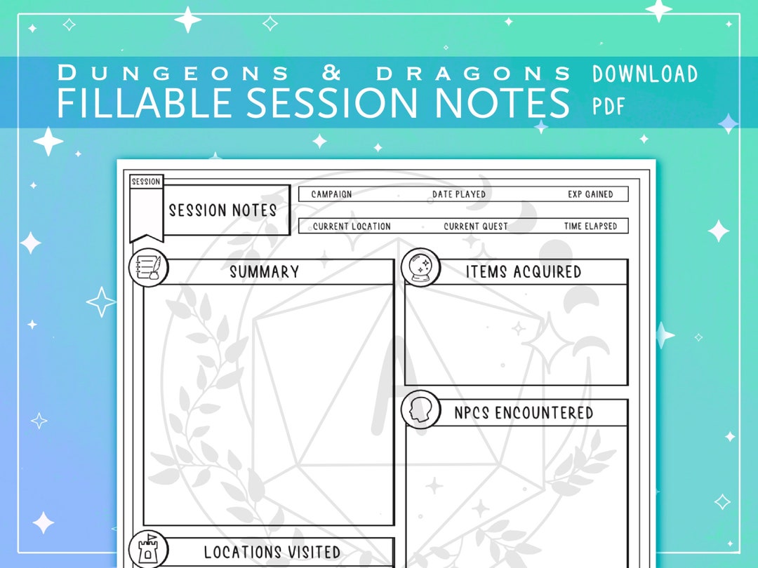 Illustrated PDF Session Notes Sheet | Printable, Form Fillable, Dnd, D ...