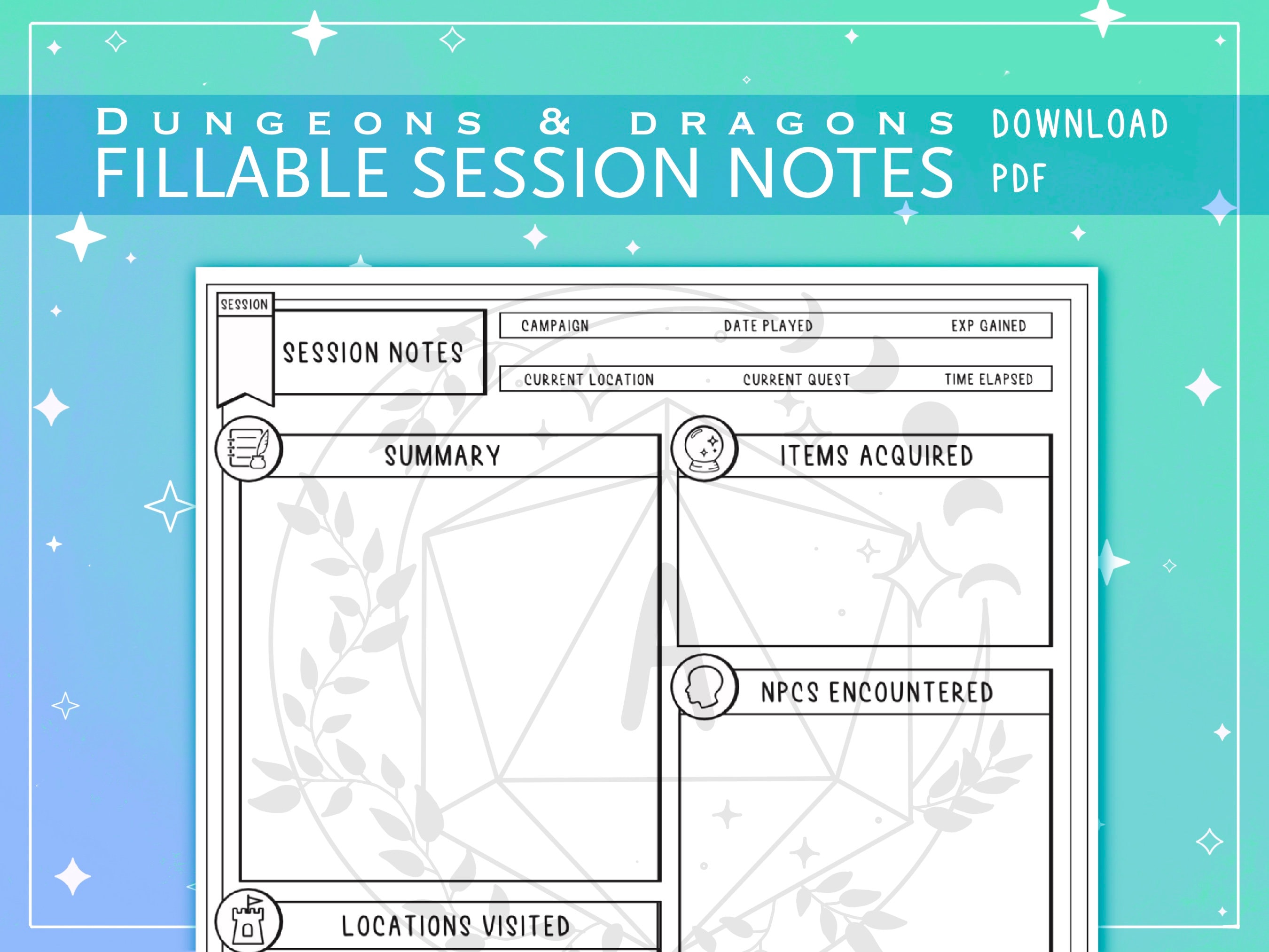 Illustrated PDF Session Notes Sheet | Printable, Form Fillable, Dnd, D ...