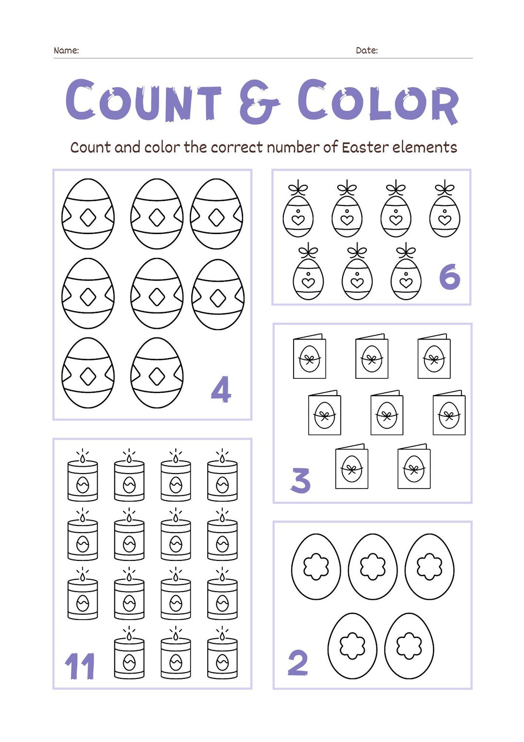 Easter Count & Color Worksheet Set - Etsy