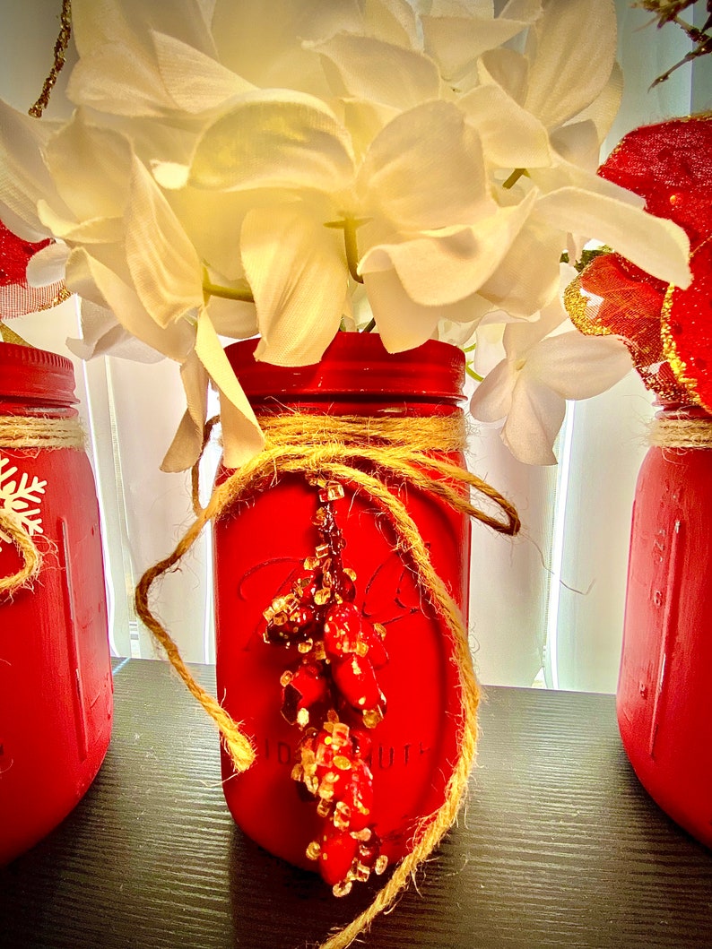 4 Rustic Christmas Mason Jars, Christmas Mason Jar Decor, Christmas ...