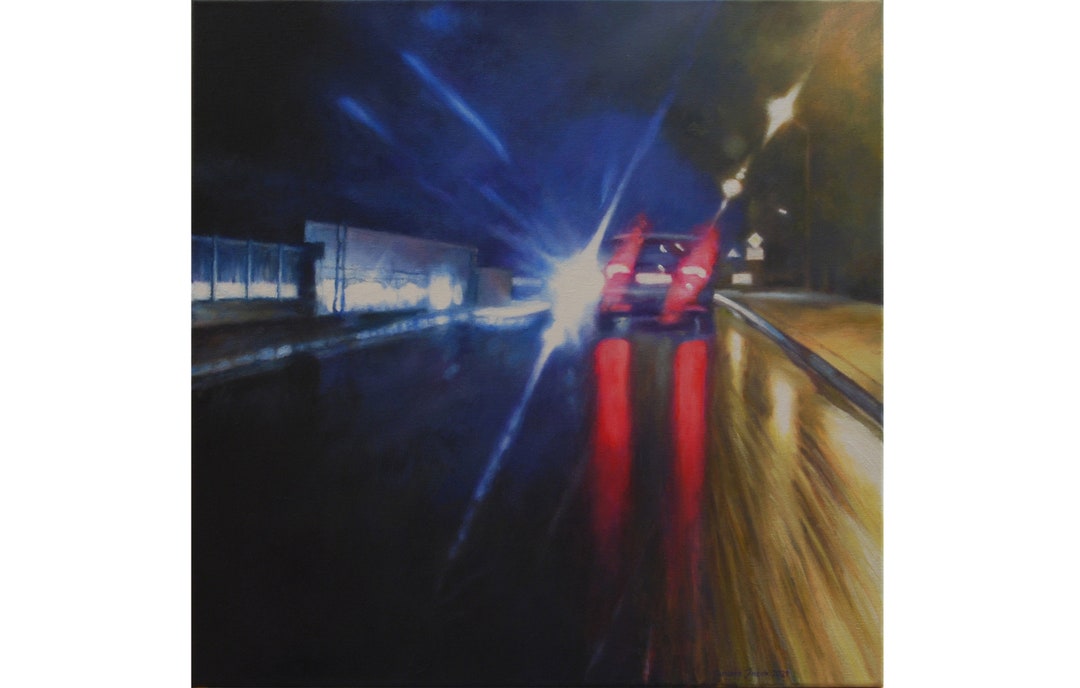 Original Real Oil Painting on Canvas, by Lukasz Jacek, City, Car, Night ...