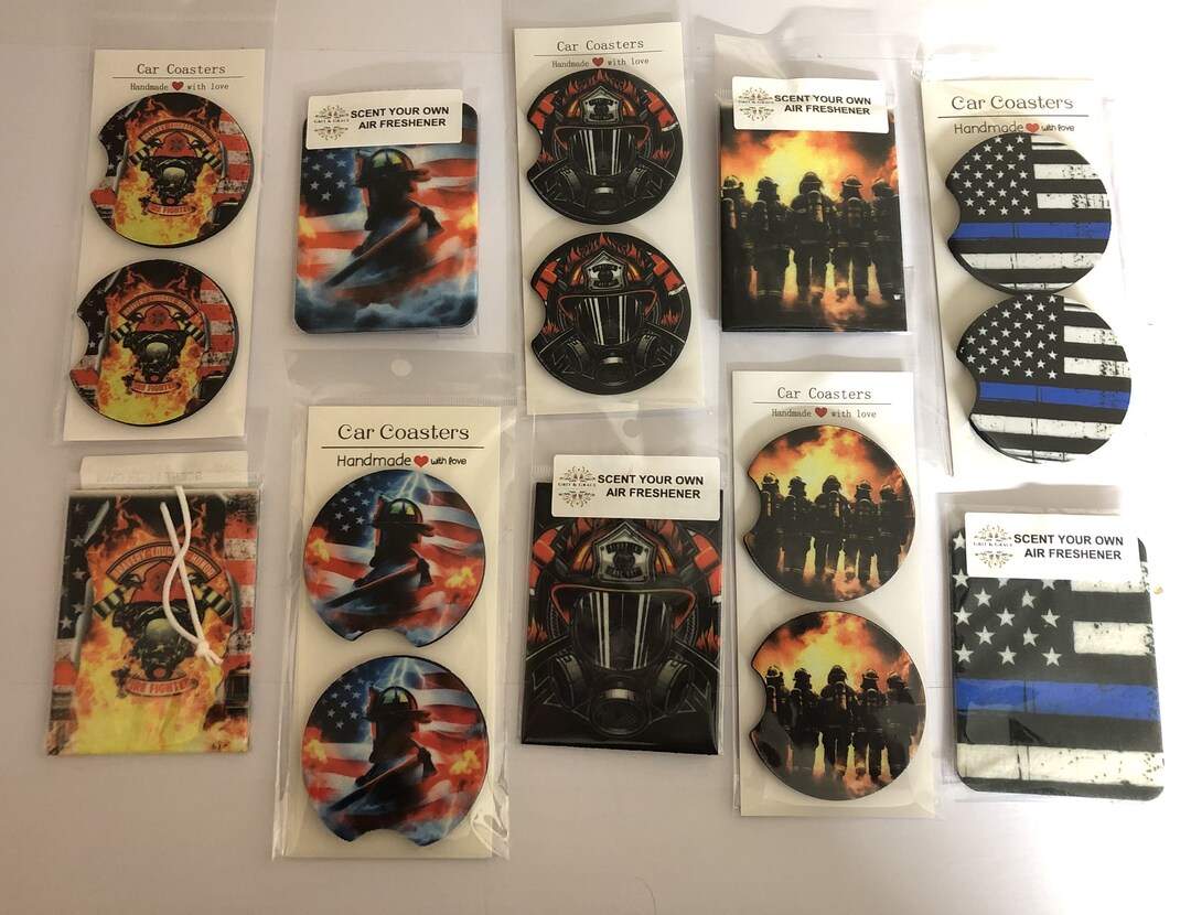 FIRST RESPONDER, Firefighter, Police Theme, Set of 2 Car Coasters ...