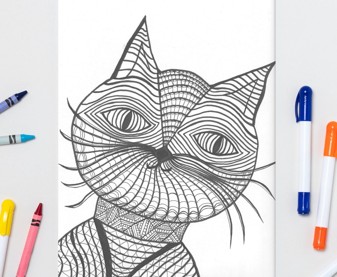 Abstract Cat Coloring Page, Instant Digital Download, High Resolution ...