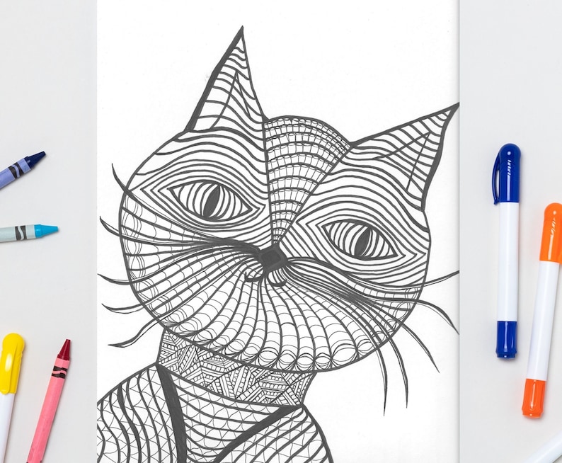 Abstract Cat Coloring Page, Instant Digital Download, High Resolution ...