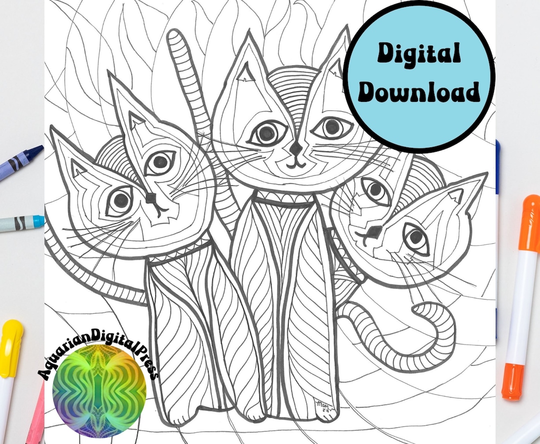 Abstract Cats Printable Coloring Page, Hand Drawn, Instant Digital ...