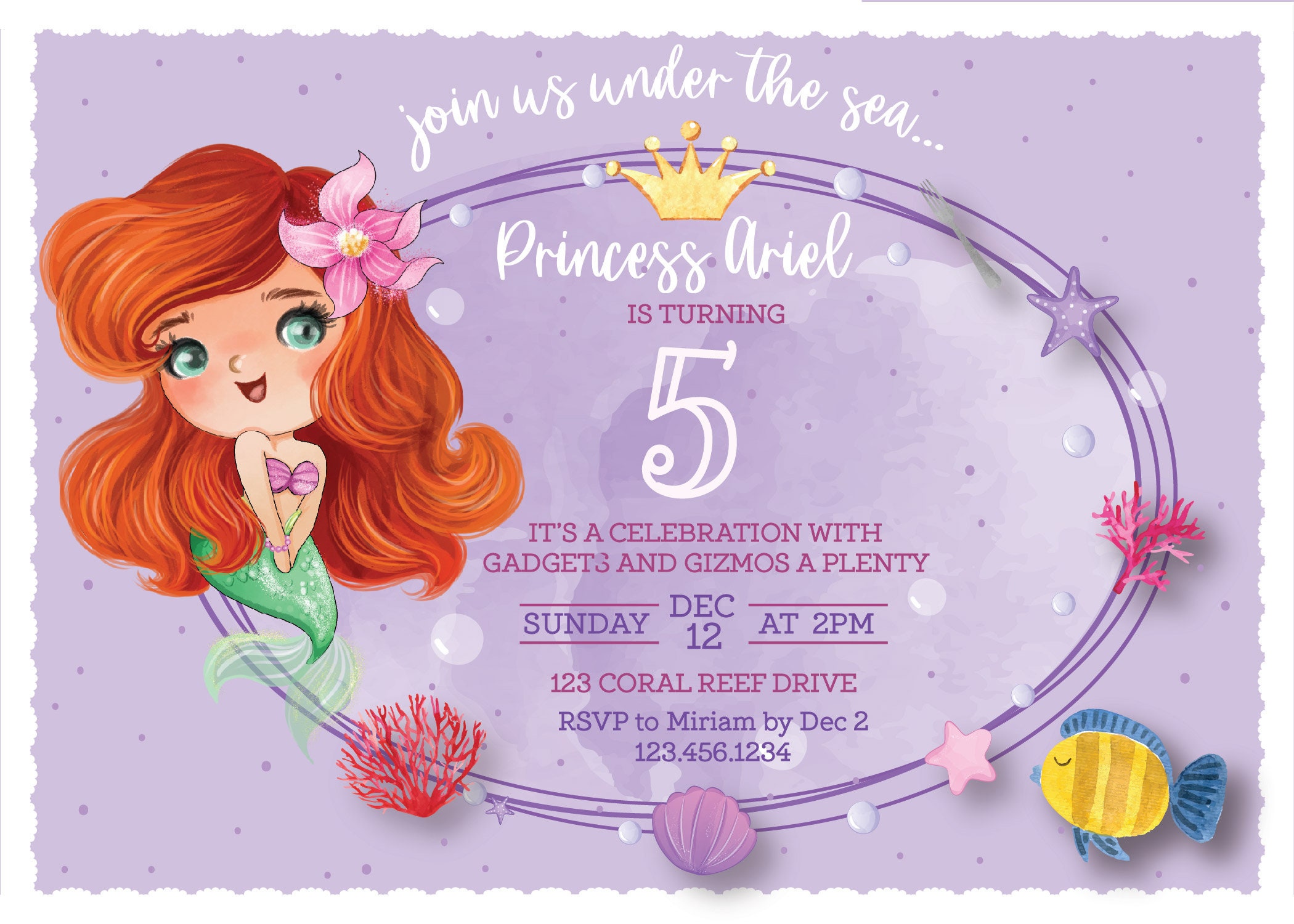 Ariel Invitation Ariel Birthday Invite Princess Birthday Invitation ...