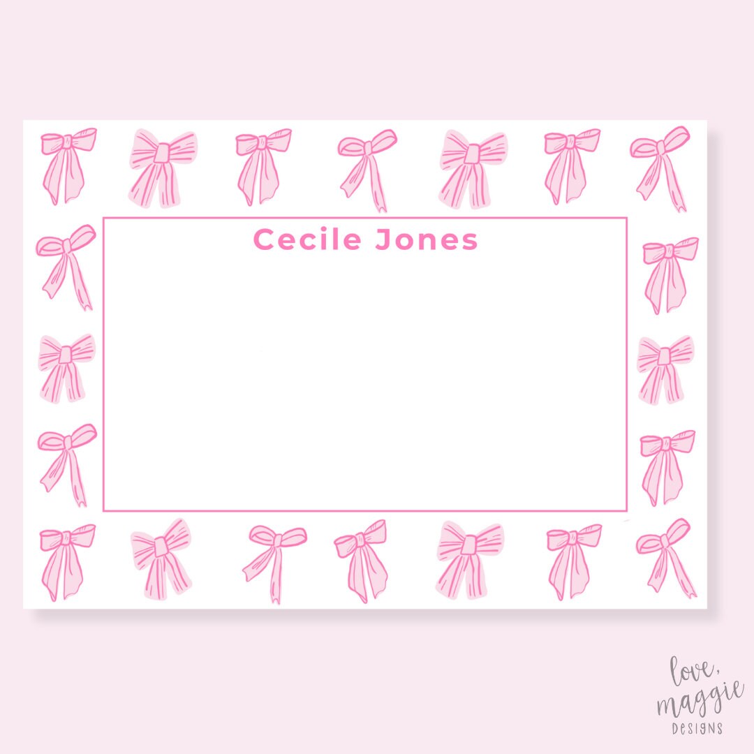 Printable Stationary for Women, Personalized Note Cards, Pink Bow Note ...