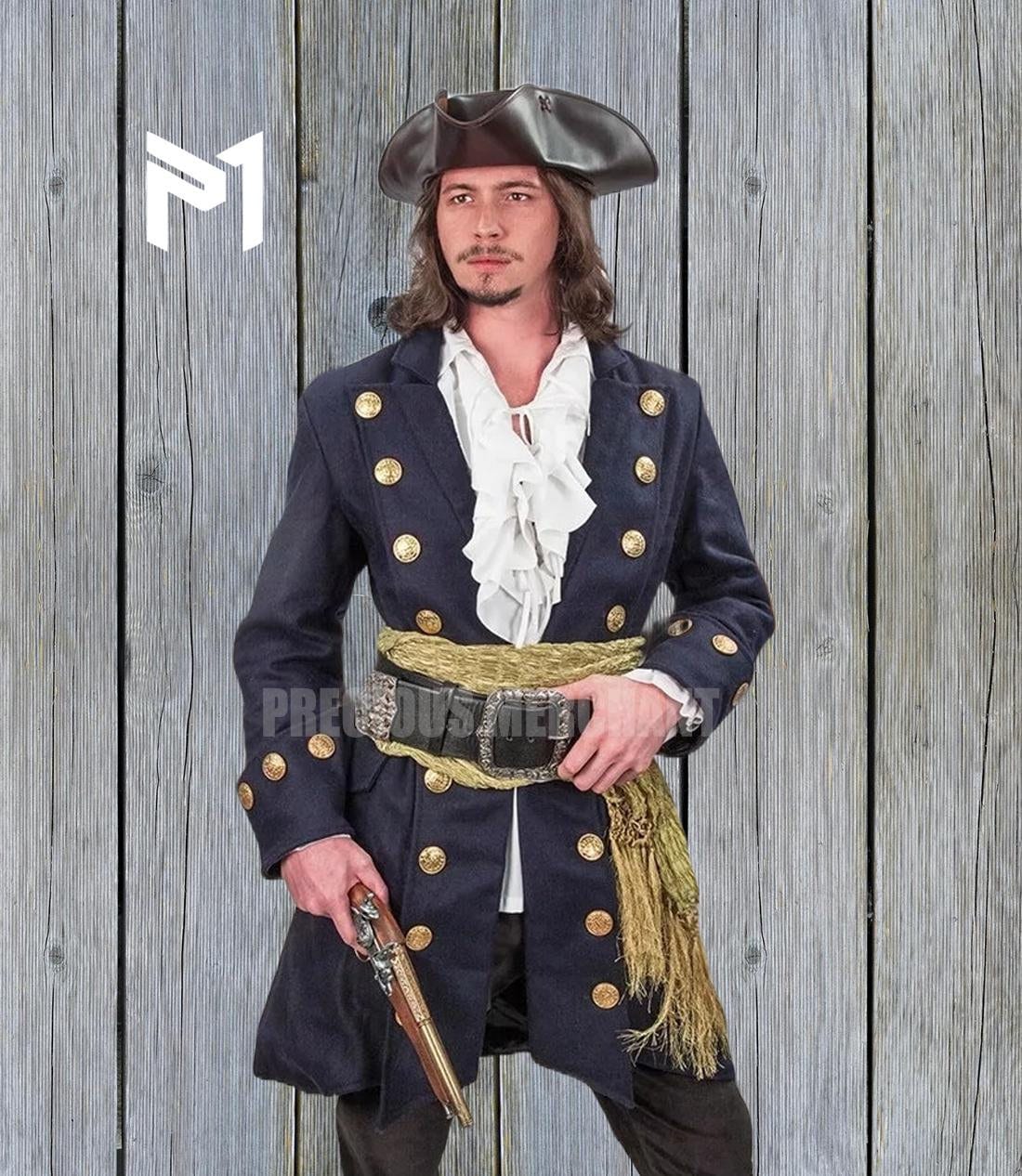 Blackbeard Pirate Coat, Men's Buccaneer Halloween Coat, Blue Admiral ...