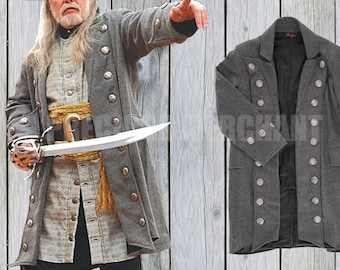 Men's Blackbeard Pirate Captain Coat | Grey Admiral Buccaneer Jacket ...