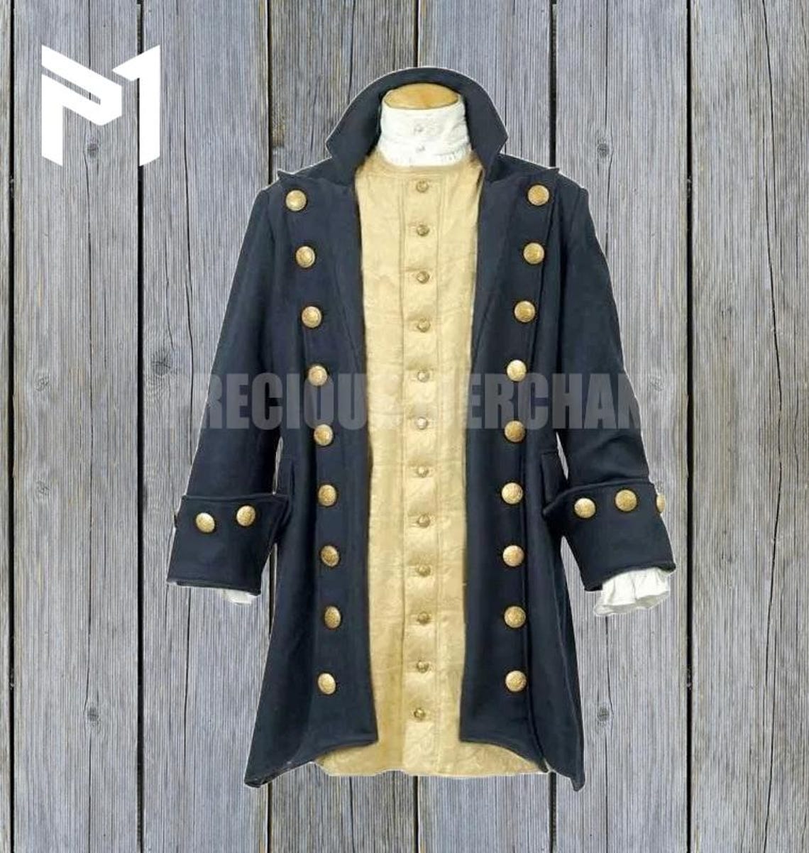 Blackbeard Pirate Coat, Men's Buccaneer Halloween Coat, Blue Admiral ...