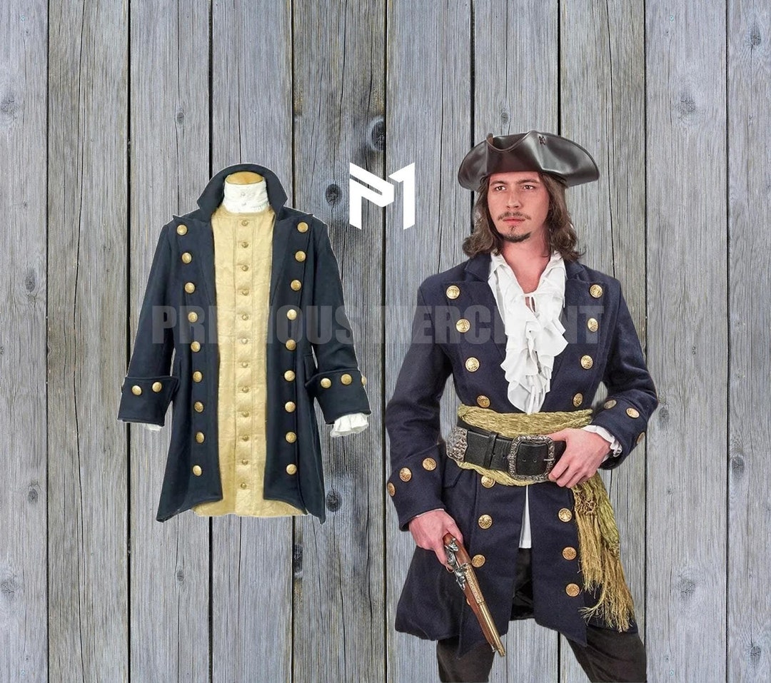 Blackbeard Pirate Coat, Men's Buccaneer Halloween Coat, Blue Admiral ...