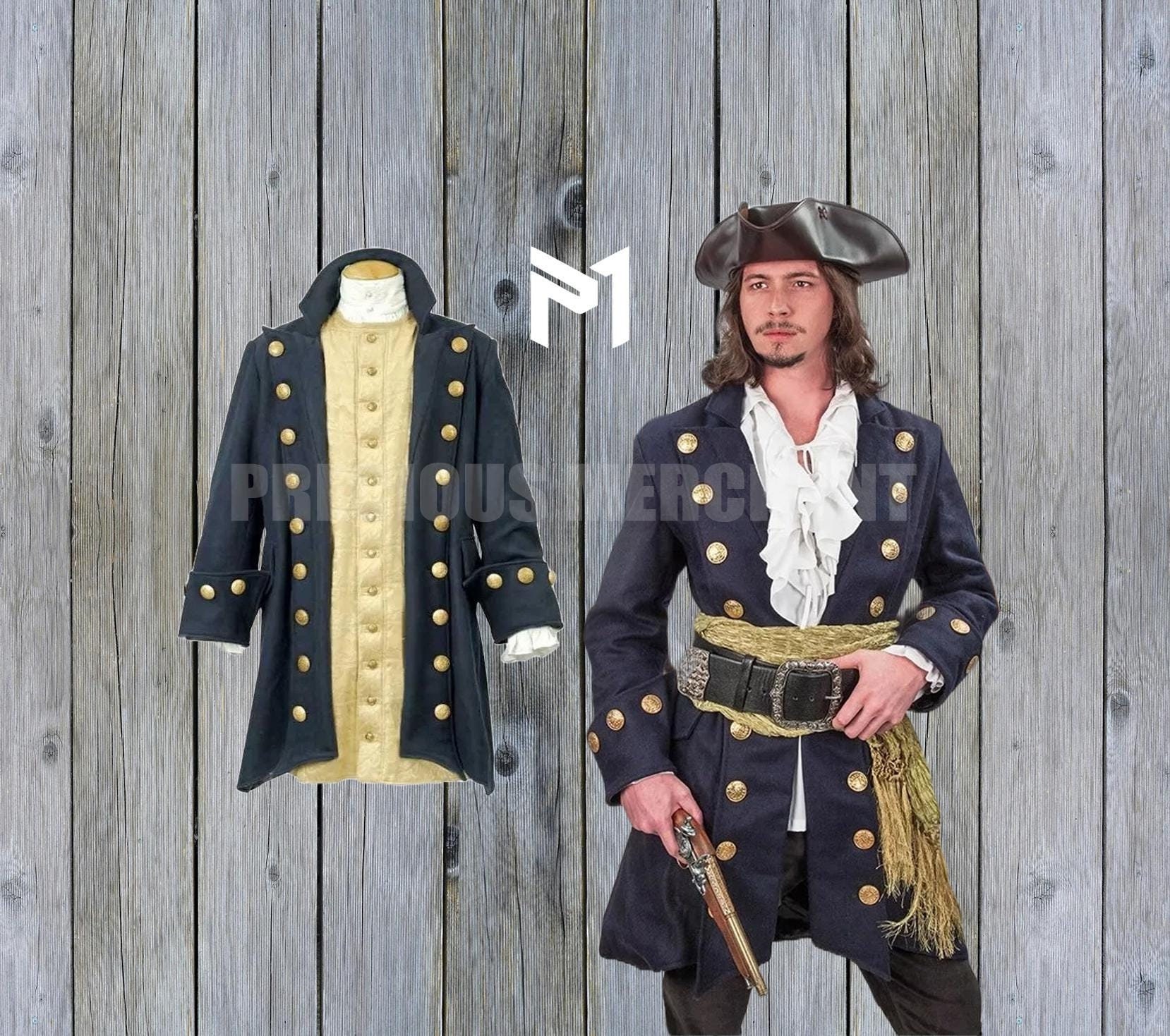 Blackbeard Pirate Coat, Men's Buccaneer Halloween Coat, Blue Admiral ...