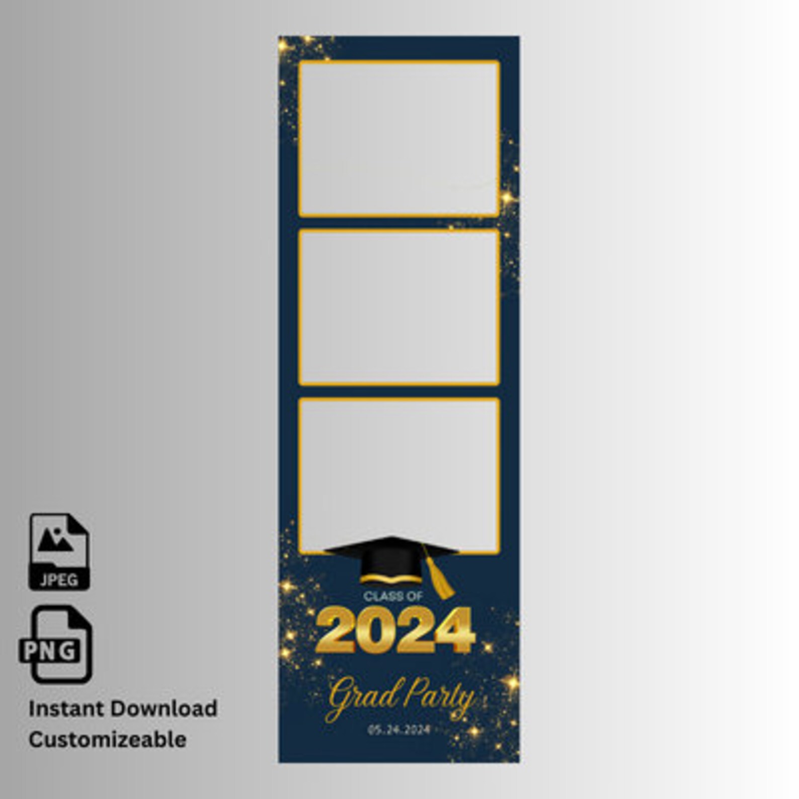 Blue and Gold Glitter Graduation Photo Booth Template 2x6 Photo Strip ...