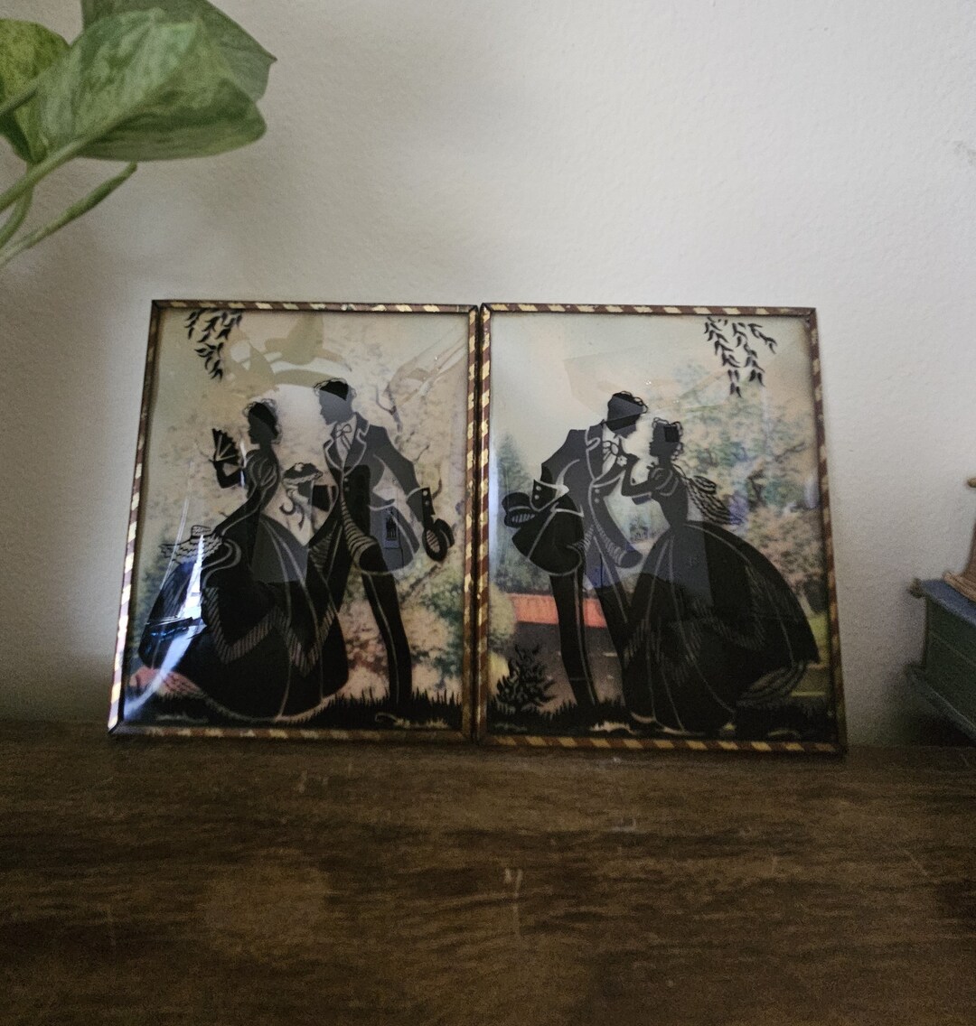 Vintage Silhouette Bubble Glass Art Painting Set of 2 Romantic Couple ...