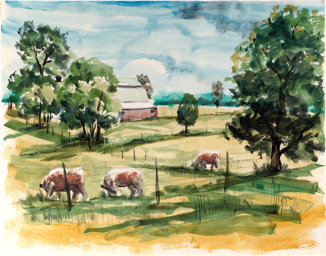 Farm Landscape Watercolor Painting: Cows in Pasture (digital Download ...