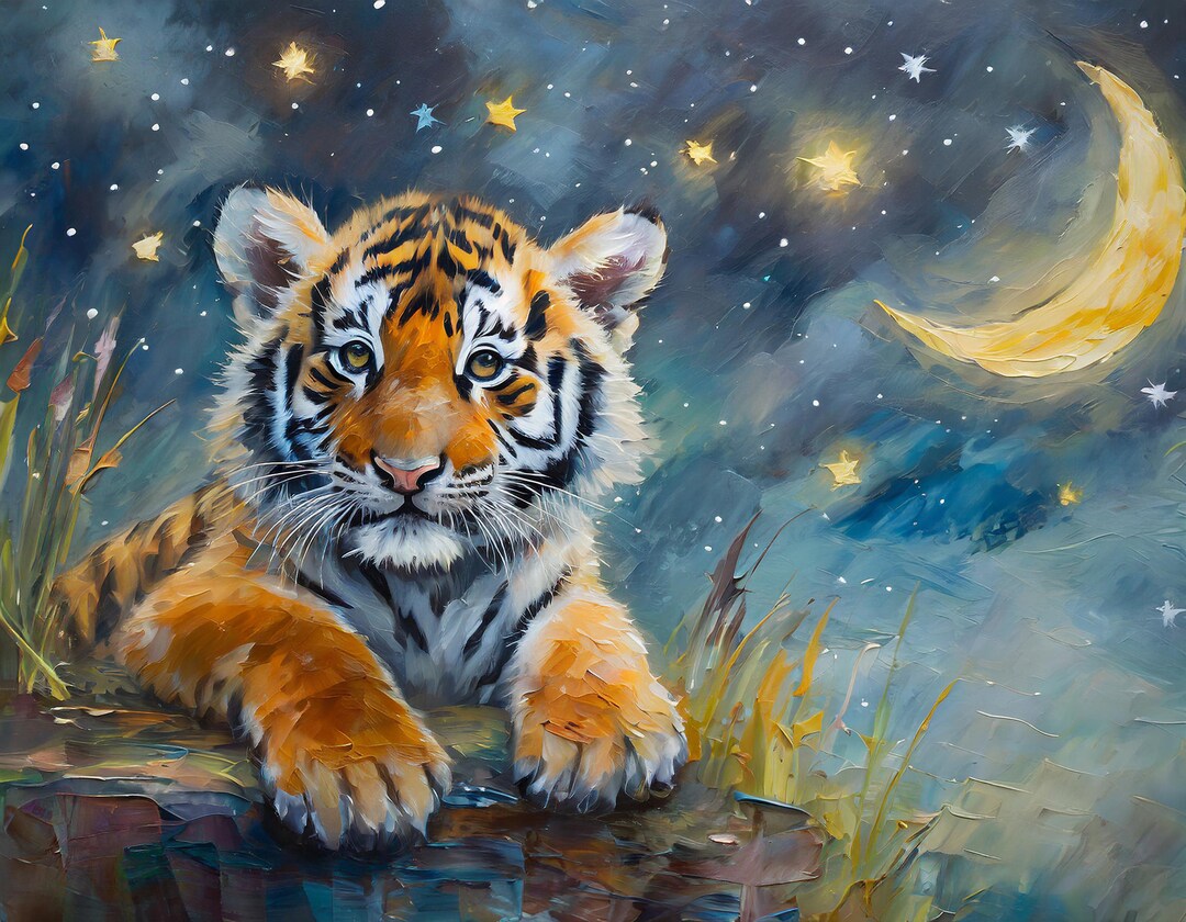 Tiger Cub Moon Stars Nursery Print, Kids Room Decor - Etsy