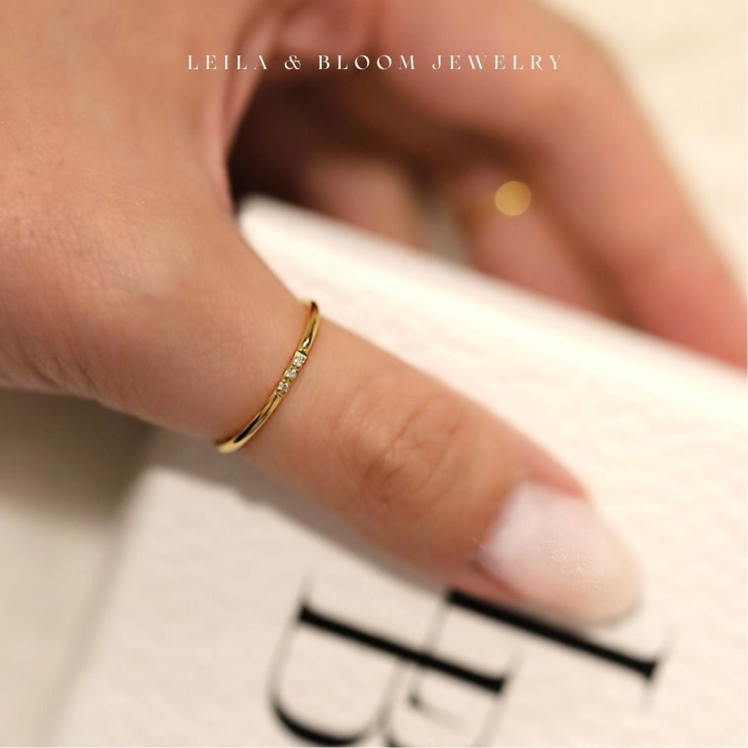 Thin Gold Ring Band • CZ Diamond • Simple Wedding Band •18K Gold-filled ...