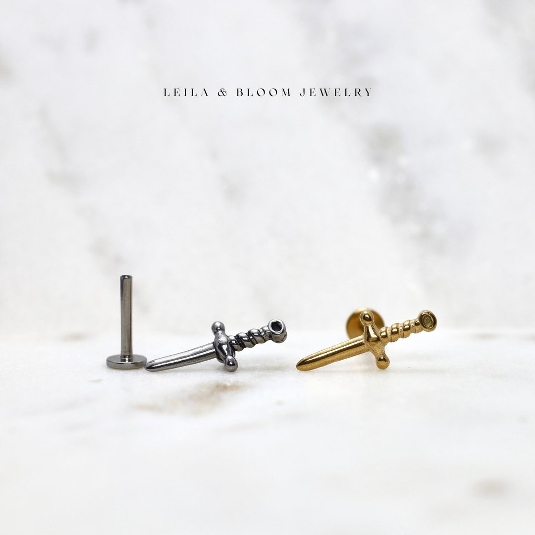 Labret Flat Back Dagger Knife Earring • Dainty Minimalist Stacked ...